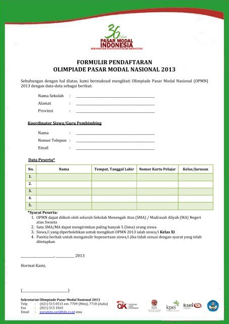FORMULIR PENDAFTARAN OLIMPIADE PASAR MODAL NASIONAL 2013