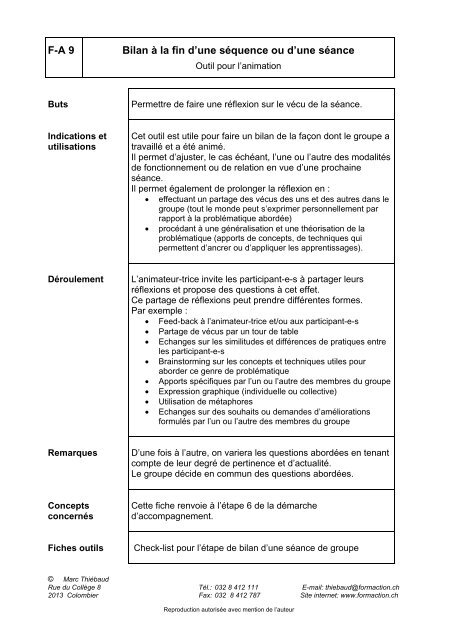 F-A 9 Bilan à la fin d’une séquence ou d’une séance