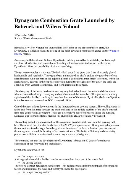 Dynagrate Combustion Grate Launched by Babcock and Wilcox Volund