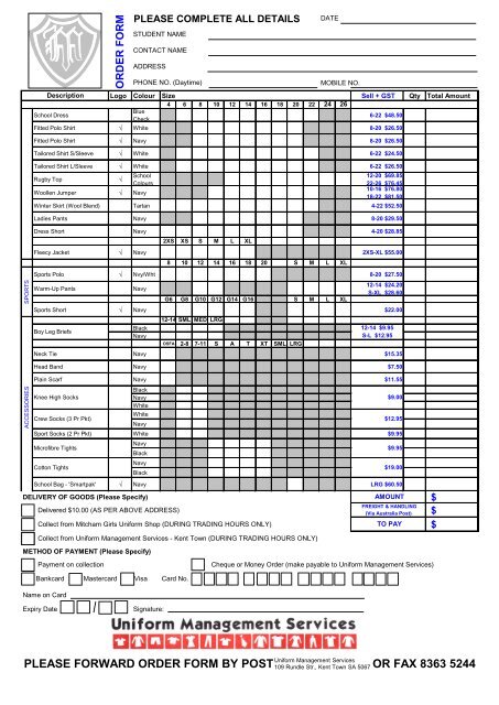 MGHS Uniform Price List - Mitcham Girls High School