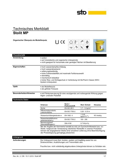 Technisches Merkblatt Stolit MP Wasserdampfdiffusionswiderstandszahl