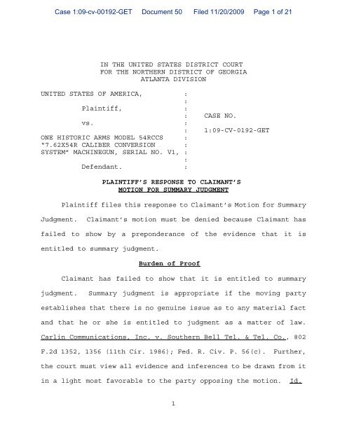 Plaintiff's Response to Claimant's Motion for Summary Judgment