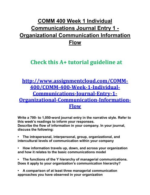 COMM 400 Week 1 Individual Communications Journal Entry 1 ...