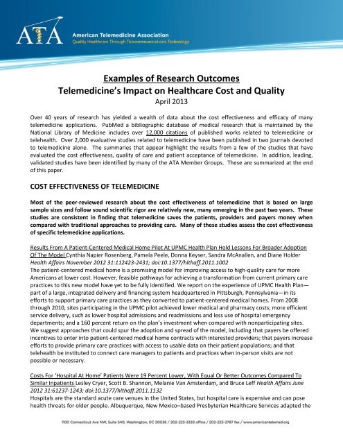 Examples of Research Outcomes Telemedicine's Impact on ...