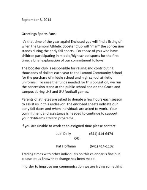 Booster Club Letter & Concession Stand Work Schedule - Lamoni ...