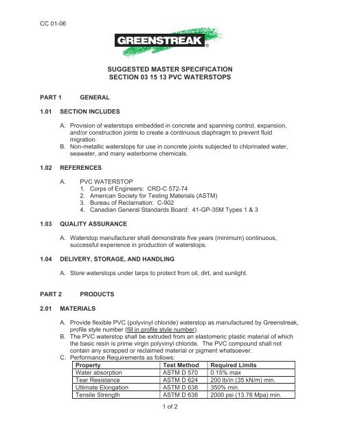 SUGGESTED MASTER SPECIFICATION SECTION 03 15 13 PVC WATERSTOPS number)