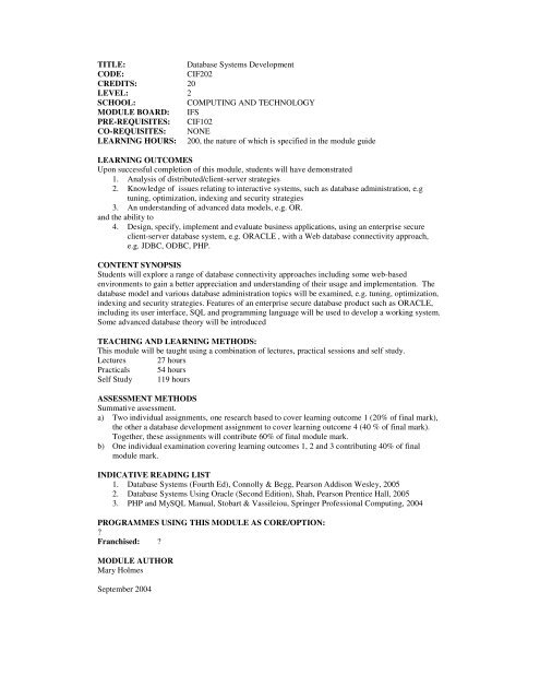 TITLE: Database Systems Development CODE: CIF202 CREDITS ...