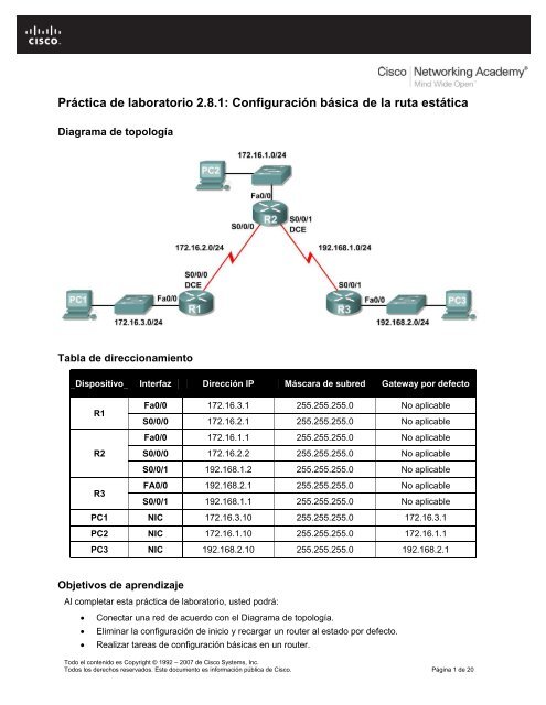 Práctica de laboratorio 2.8.1 Configuración básica de la ruta estática