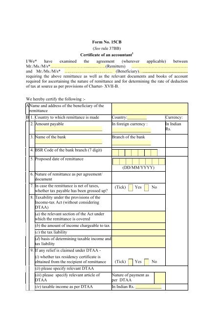 FORM NO. 15CB (See rule 37BB) Certificate of an accountant ... - TIN