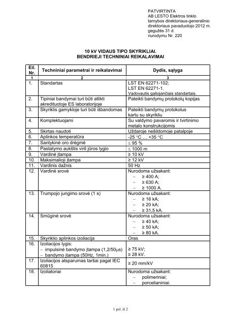 10 kV vidaus tipo skyriklis - Lesto