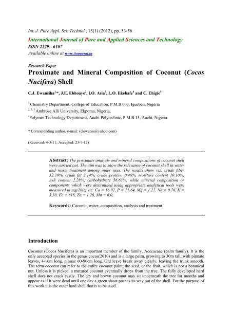 Proximate and Mineral Composition of Coconut (Cocos Nucifera) Shell