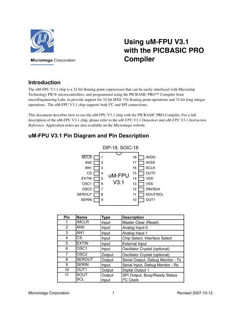 Using uM-FPU V3.1 with the PICBASIC PRO Compiler
