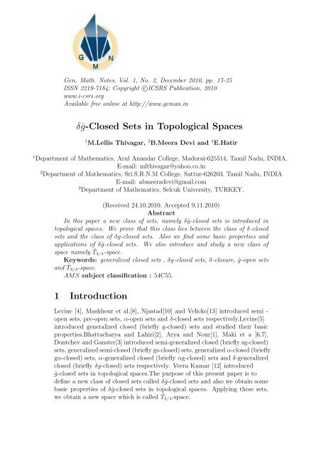 δĝ-Closed Sets in Topological Spaces 1 Introduction