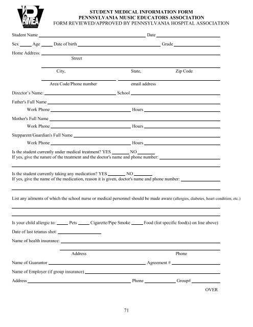 student medical information form pennsylvania music educators ...