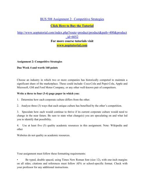 BUS 508 Assignment 2 Competitive Strategies