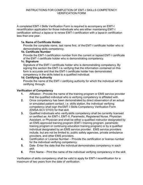 INSTRUCTIONS FOR COMPLETION OF EMT-I SKILLS ...