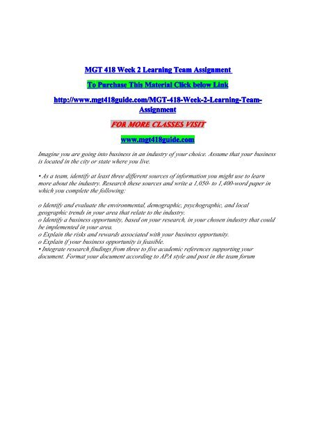 MGT 418 Week 2 Learning Team Assignment - mgt418guide.com
