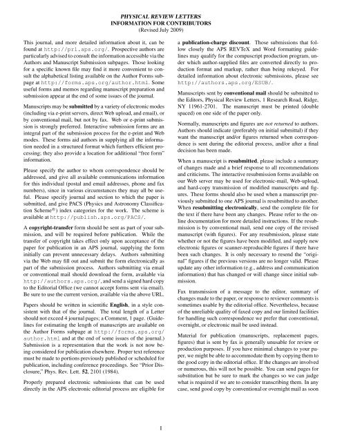 PHYSICAL REVIEW LETTERS - Forms for Journals of the American ...