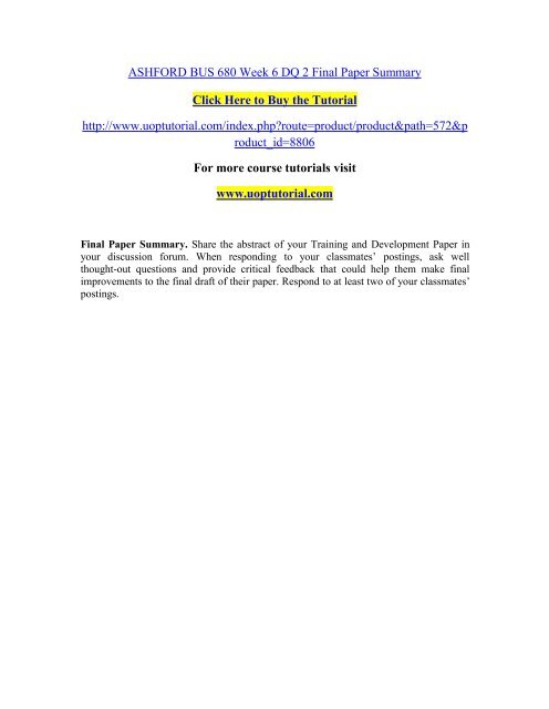ASHFORD BUS 680 Week 6 DQ 2 Final Paper Summary