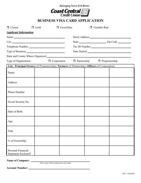 BUSINESS VISA CARD APPLICATION