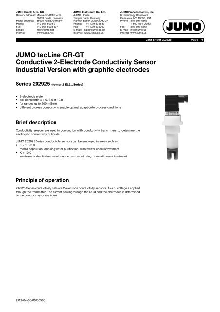 JUMO tecLine CR-GT Conductive 2-Electrode Conductivity Sensor ...