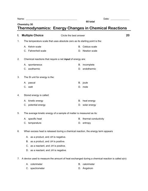 Thermodynamics Energy Changes in Chemical Reactions