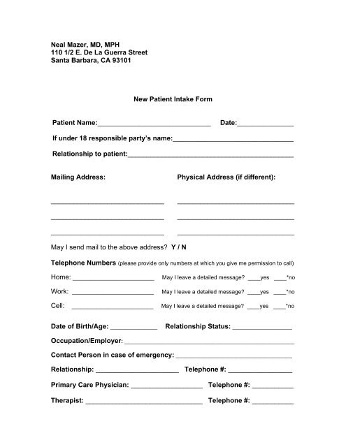 New Patient Intake Form - Neal Mazer, MD, MPH