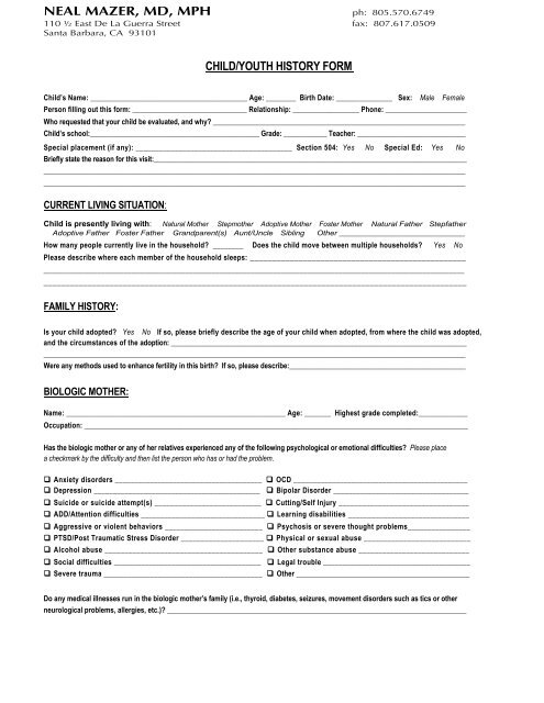 NEAL MAZER MD MPH CHILD/YOUTH HISTORY FORM