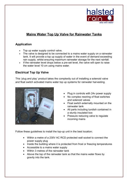 Mains Water Top Up Valve for Rainwater Tanks