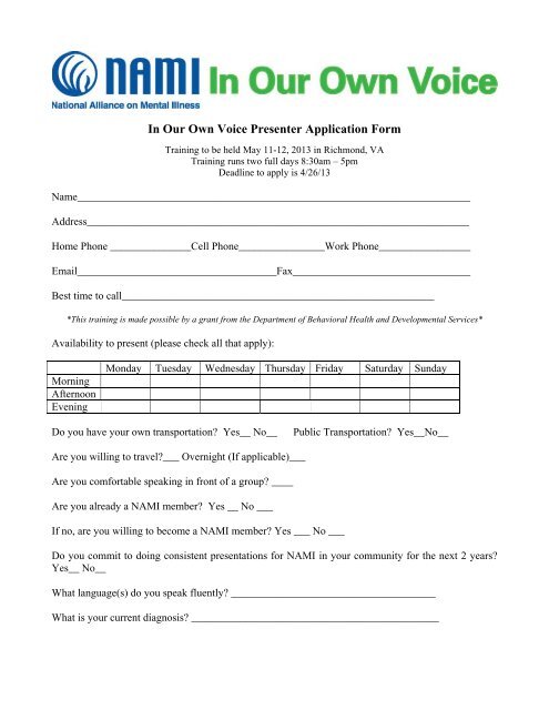 In Our Own Voice Presenter Application Form In Our Own Voice Presenter Application Form