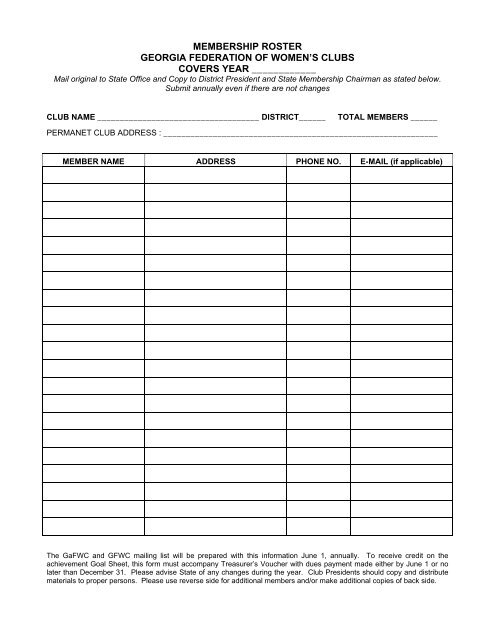 MEMBERSHIP ROSTER GEORGIA FEDERATION OF WOMEN’S CLUBS COVERS YEAR