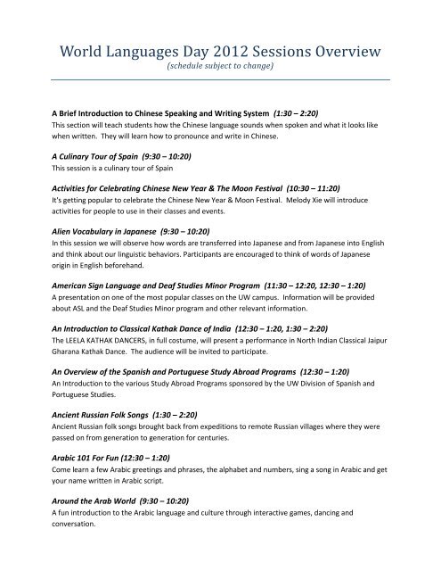 World Languages Day 2012 Sessions Overview