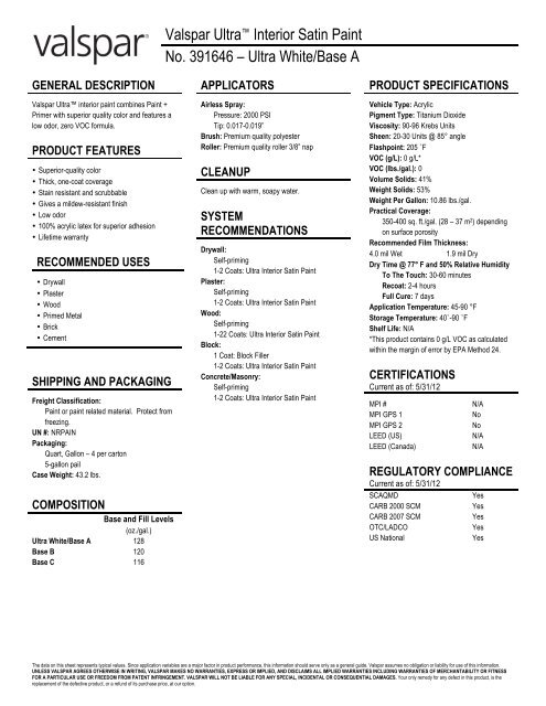 Valspar Ultra Interior Satin Paint No 391646 – Ultra White/Base A