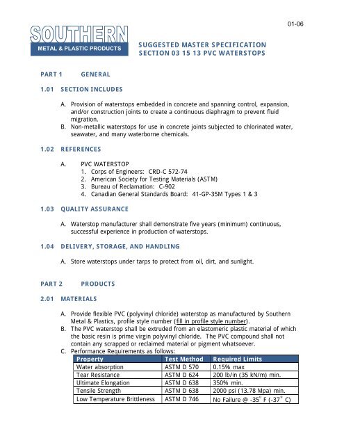 PVC Waterstops Specifications - Southern Metal and Plastic Products