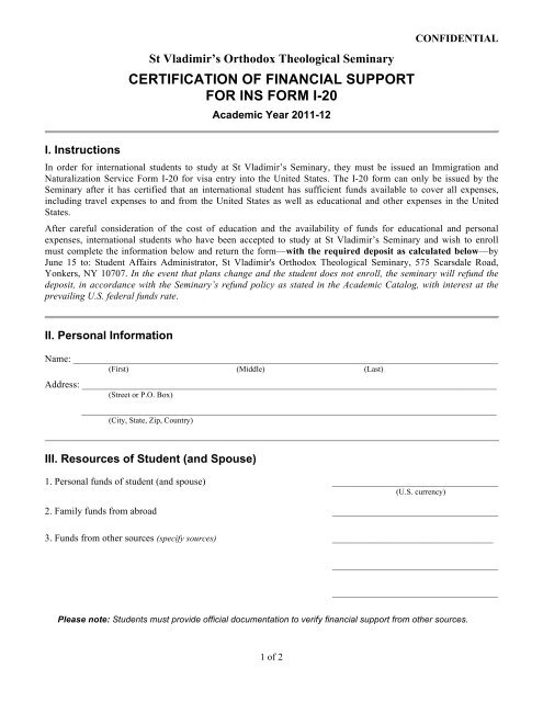 CERTIFICATION OF FINANCIAL SUPPORT FOR INS FORM I-20