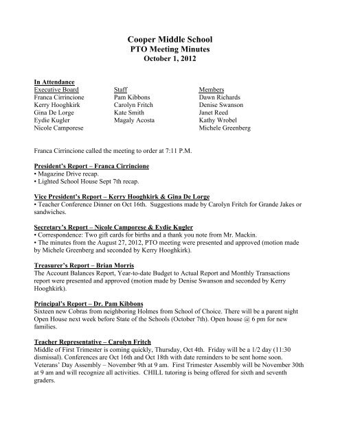 Cooper Middle School PTO Meeting Minutes