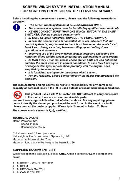 SCREEN WINCH SYSTEM INSTALLATION MANUAL ... - Screen Int