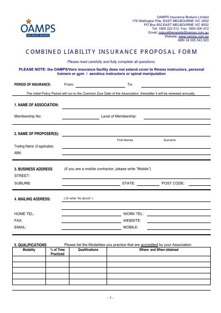COMBINED LIABILITY INSURANCE PROPOSAL FORM