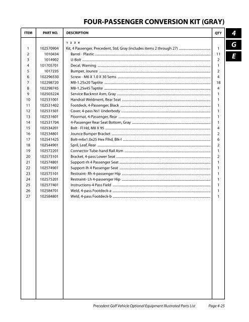 FOUR-PASSENGER CONVERSION KIT (GRAY) 4 G E D