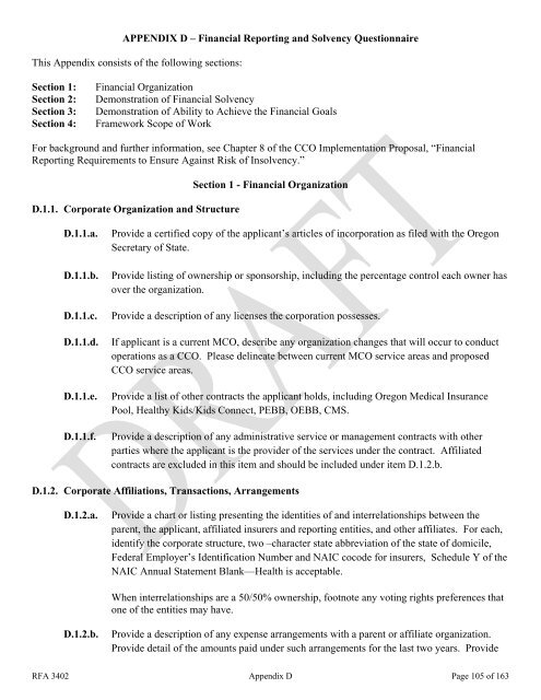 APPENDIX D â Financial Reporting and Solvency Questionnaire ...