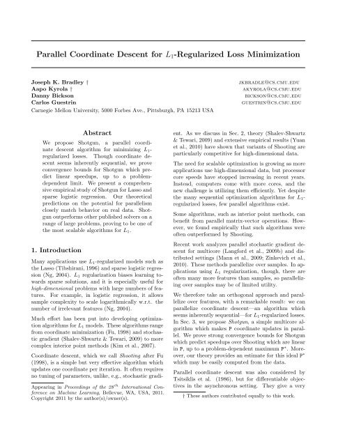Parallel Coordinate Descent For L1 Regularized Loss Minimization