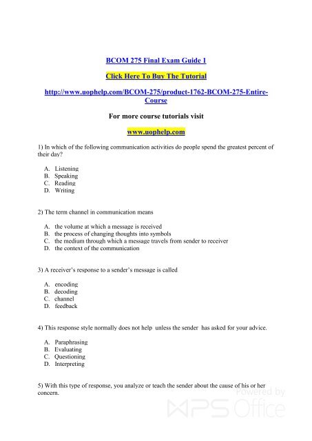 BCOM 275 Final Exam Guide 1 BCOM 275 Final Exam Guide 1
