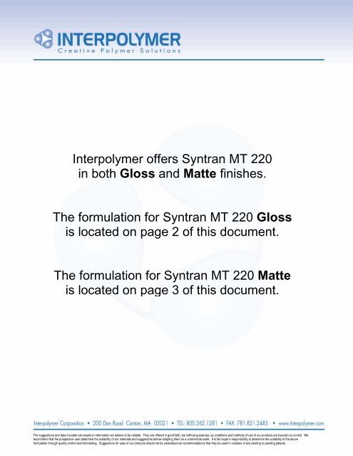 Typical Formulations - Interpolymer