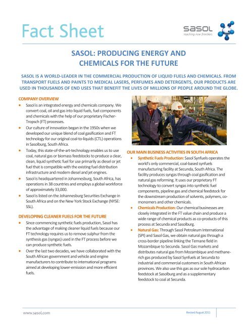 Synthetic Fuels Production Process - Gas-To-Liquids | Sasol GTL