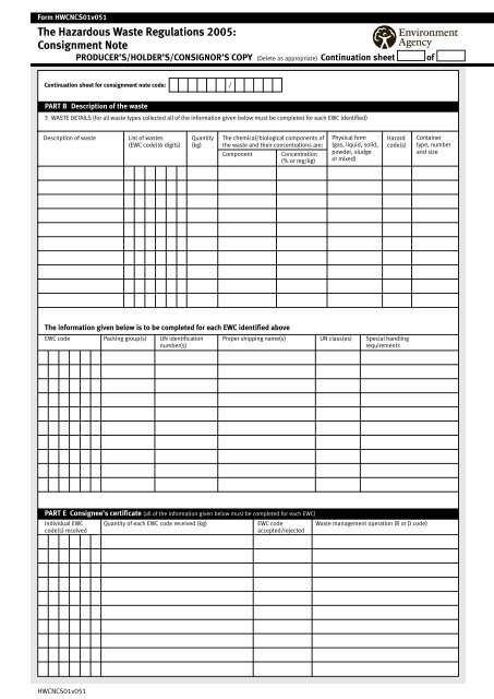 The Hazardous Waste Regulations 2005 Consignment Note
