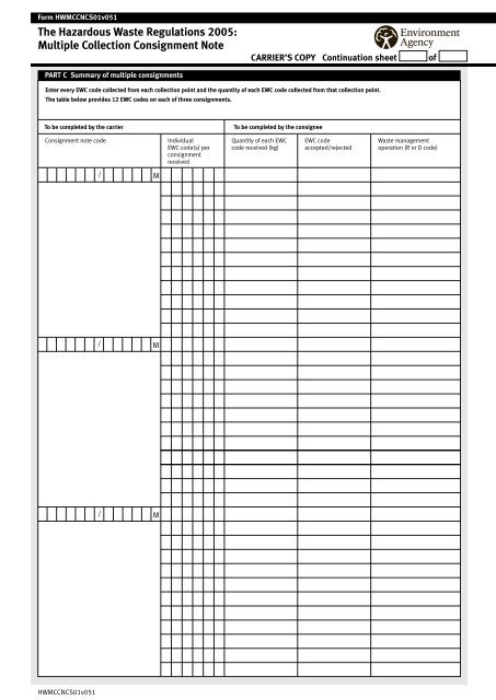 The Hazardous Waste Regulations 2005 Multiple Collection Consignment Note