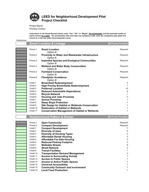 LEED for Neighborhood Development Pilot Project Checklist
