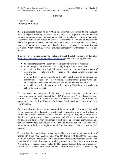 Editorial TERRY LOCKE University of Waikato It is a pleasurable ...