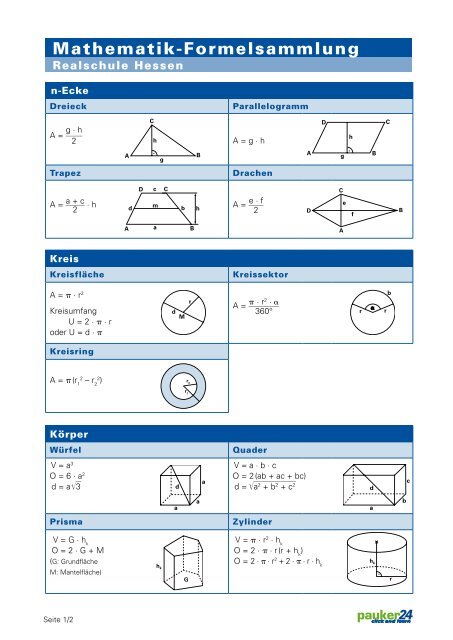 Formelsammlung Mathematik Mathematisch Naturwissenschaftliche
