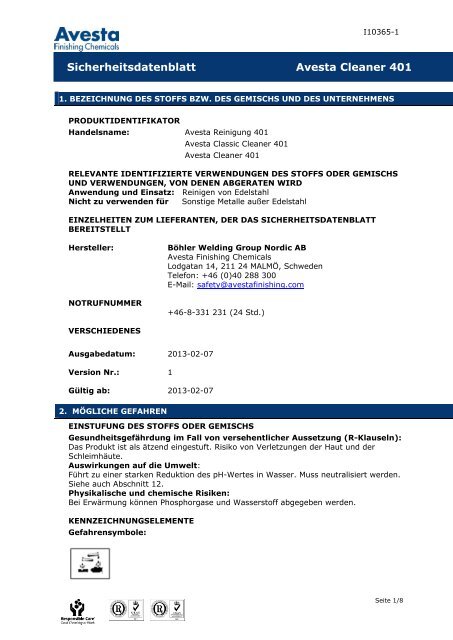 Sicherheitsdatenblatt Avesta Cleaner 401